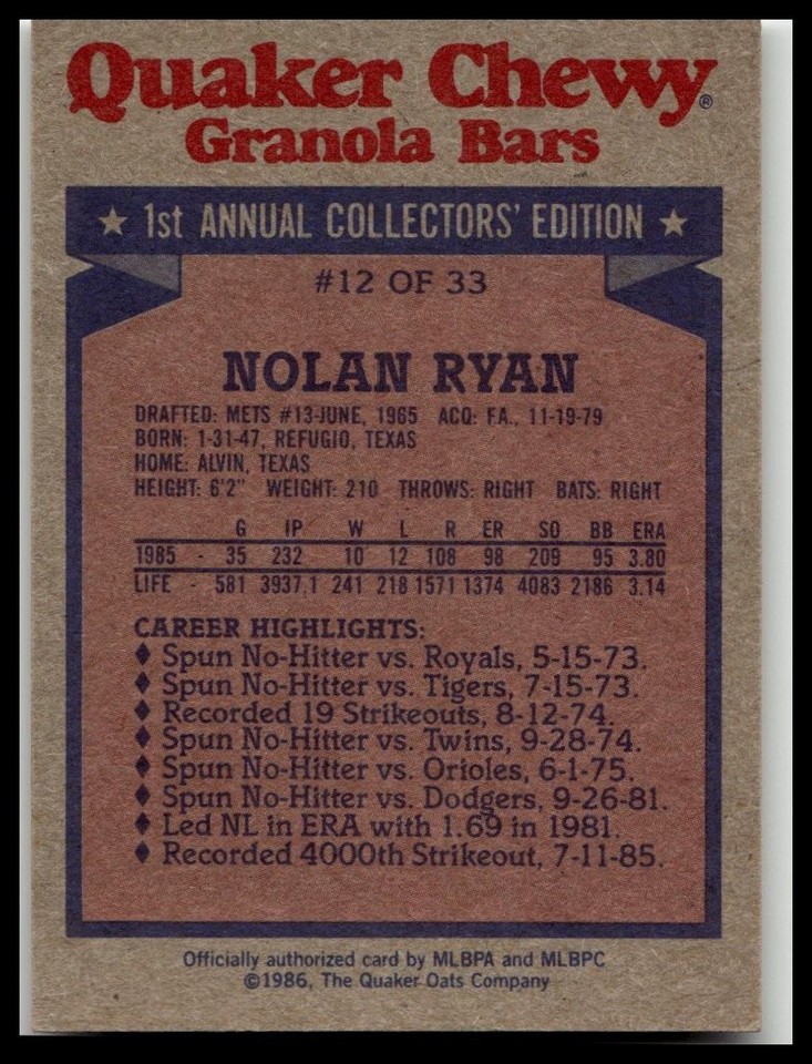 Nolan Ryan 1986 Topps Quaker Granola #12 Houston Astros | eBay