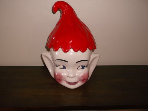 Ceramic Pixie Elf Cookie Jar Rosy Cheeks Red Hat | eBay