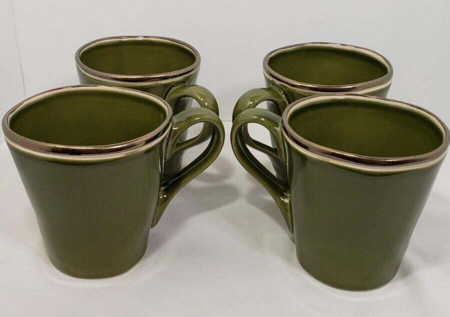 Tabletops Gallery Coffee Mugs Set Of 4 12 OZ Green W/Bronze Rim | eBay