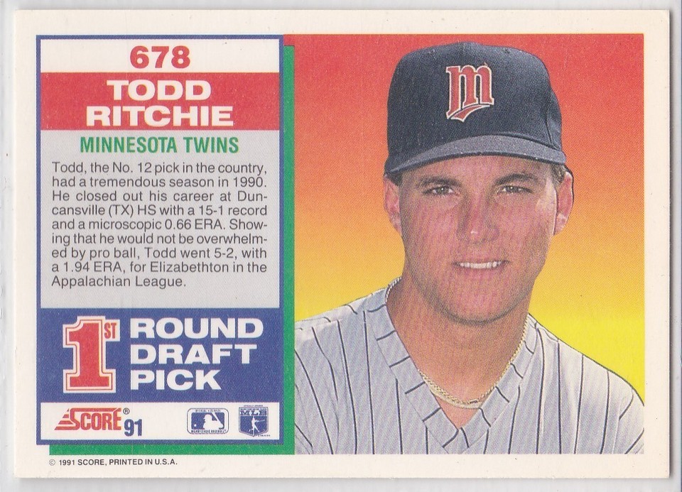 M) 1991 Score Baseball Trading Card - 1st Round Draft Pick - Todd ...