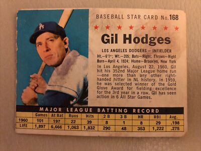 1961 Post Baseball #168, Gil Hodges, Los Angeles Dodgers, Perforated ...
