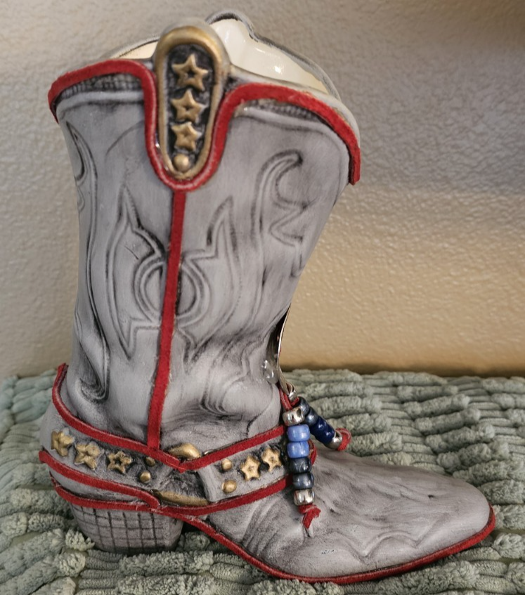 VINTAGE HAND PAINTED STORYTELLER ARTS CERAMIC COWBOY BOOT WITH RED FELT ...