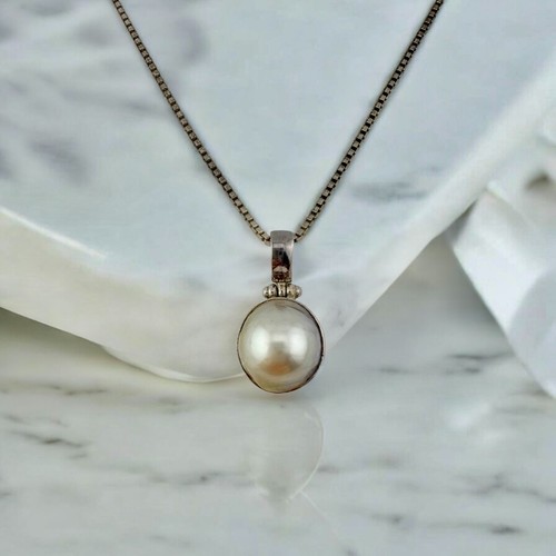 Minimalist Vintage Sterling Silver 925 Bezel Set Pearl Pendant on 17 ...