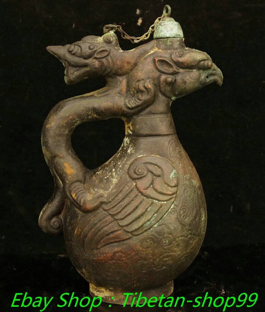 7.4"Old Chinese Dynasty Purple Bronze Bird Hawk Eagle Head Container ...