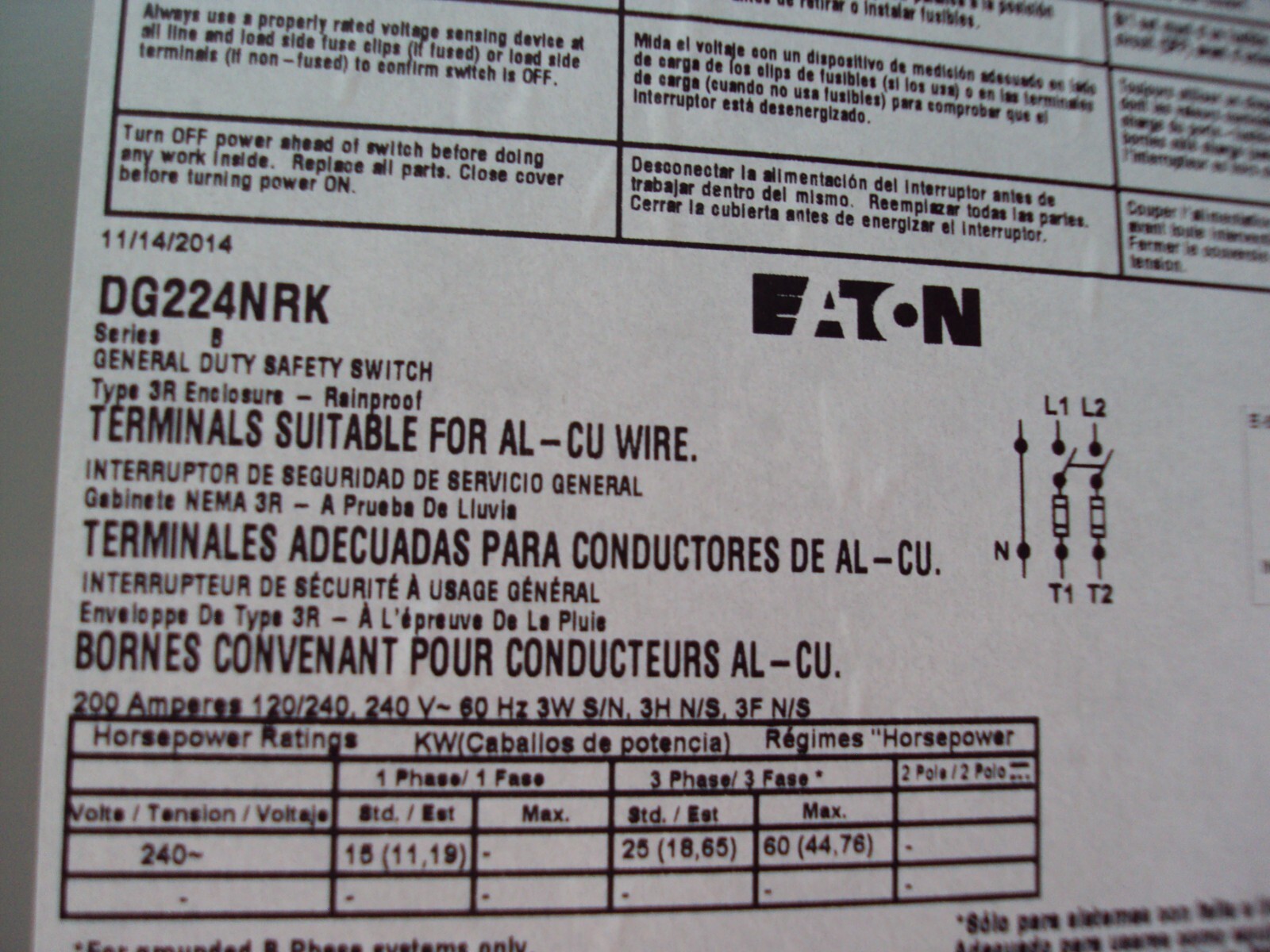 EATON DG224NRK 200A 240V GENERAL DUTY SAFETY SWITCH 3W FUSIBLE TYPE 3R ...