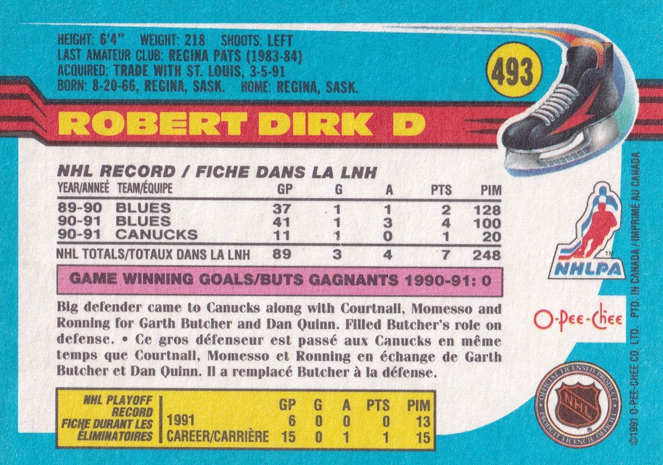 1991-92 O-Pee-Chee #493 Robert Dirk- Vancouver + (Yes 4 Free Mystery ...