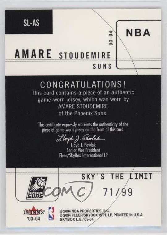 2003 Skybox Limited Edition Sky's the Limit Game-Used 71/99 Amare ...