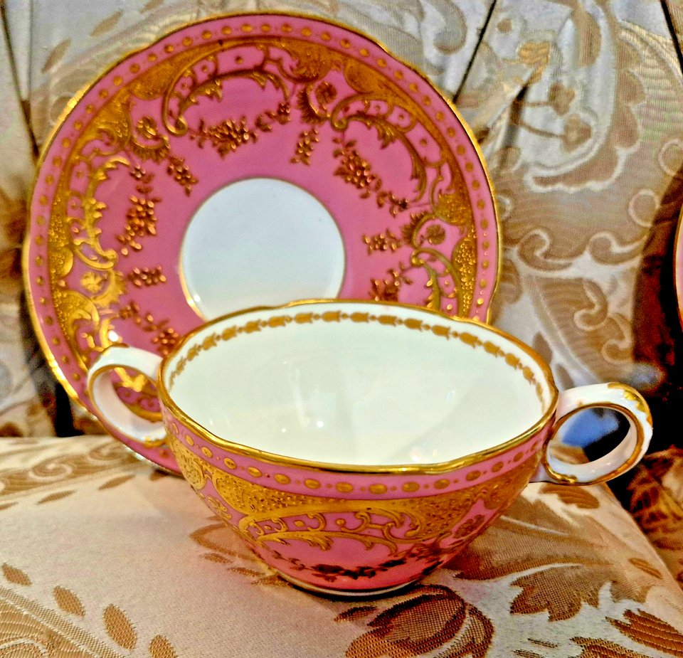 Minton 1880 Pink Raised Gold Encrusted Cream Soup Bowl Jeweled Tea Cup ...