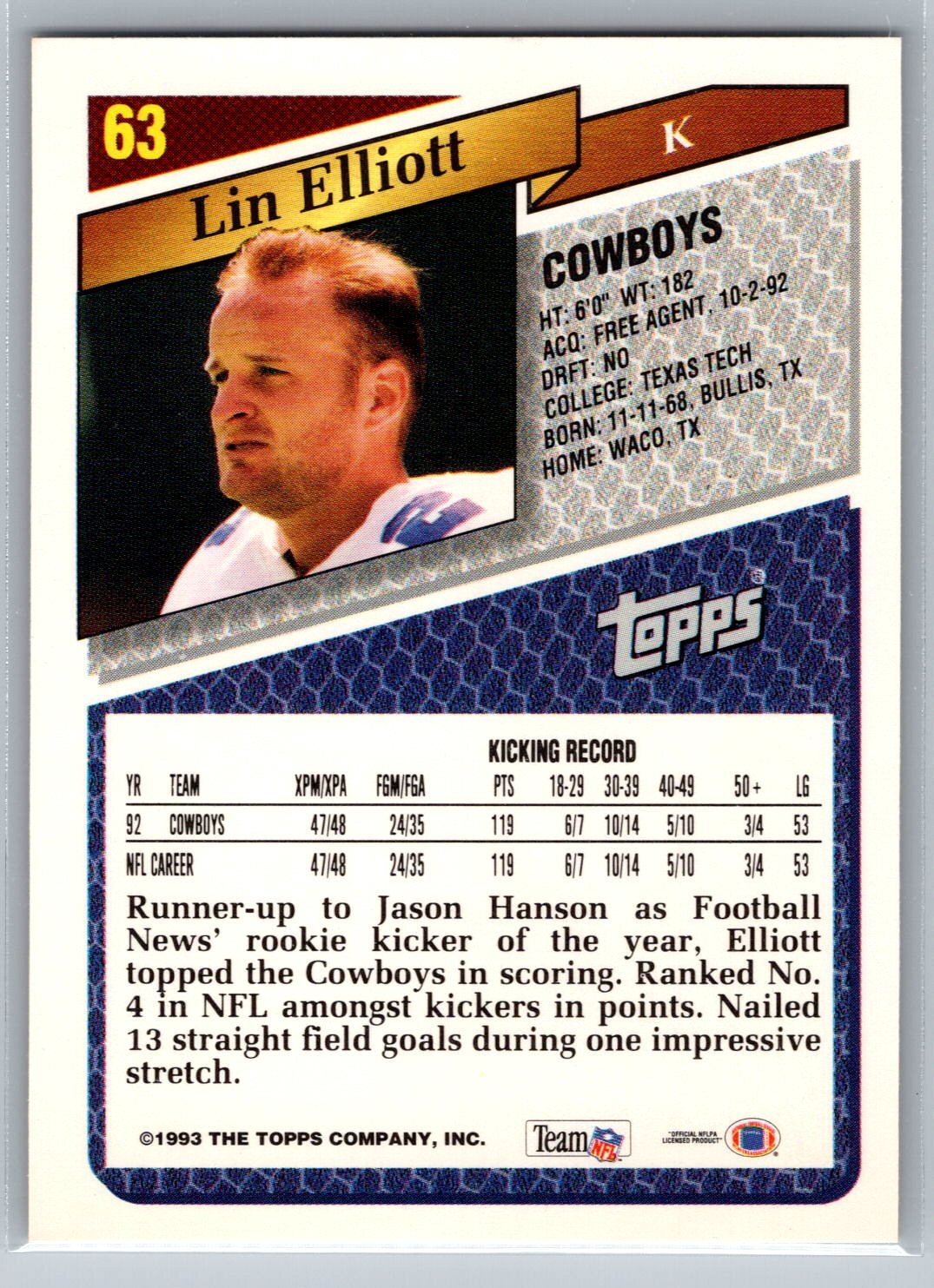 1993 Topps Gold Football #63 Lin Elliott RC Dallas Cowboys | eBay