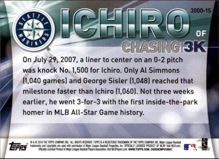 2016 Topps Chasing 3000 #3000-15 Ichiro | eBay
