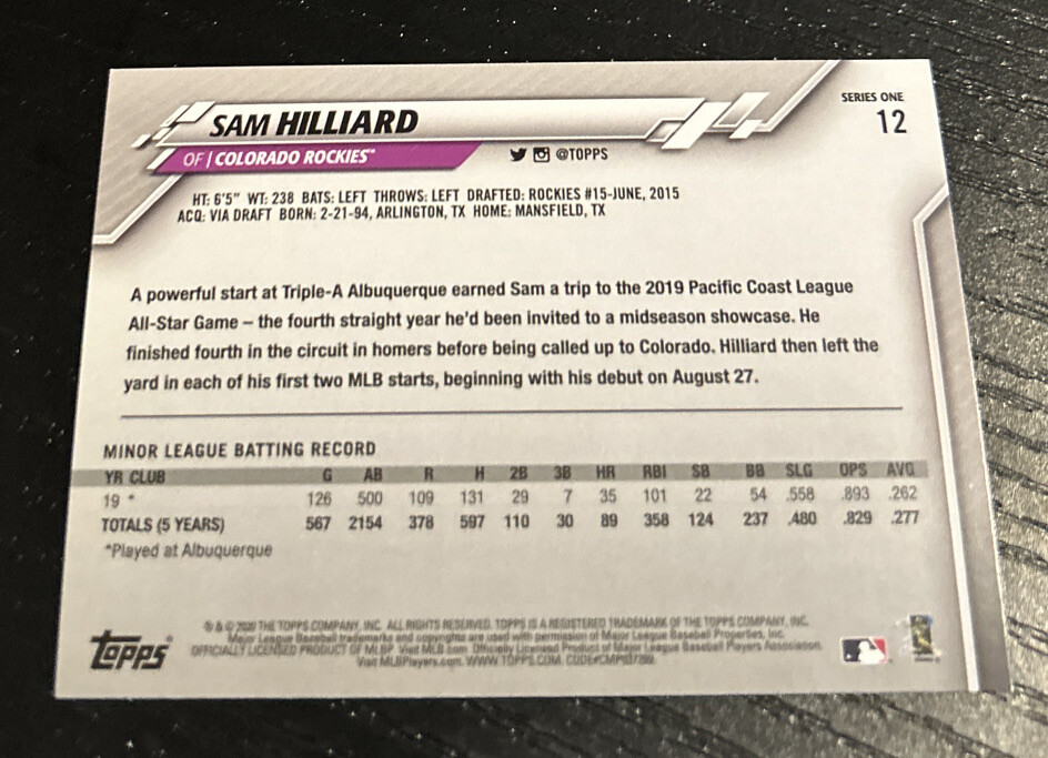 2020 Topps Sam Hilliard Rookie #12 | eBay