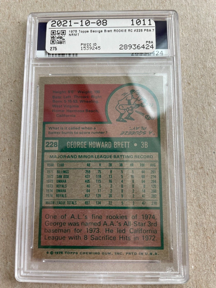 1975 TOPPS GEORGE BRETT ROOKIE #228 PSA 7 CENTERED | eBay