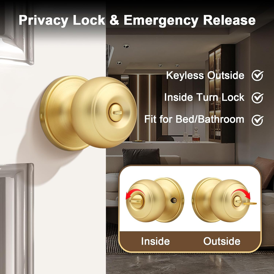 Gold Privacy Door Knob Set - 6 Pack Keyless Locks for Bedroom ...