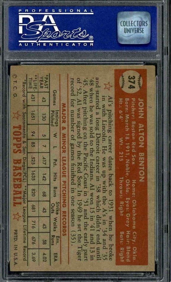 1952 Topps #374 Al Benton - PSA 5 | eBay