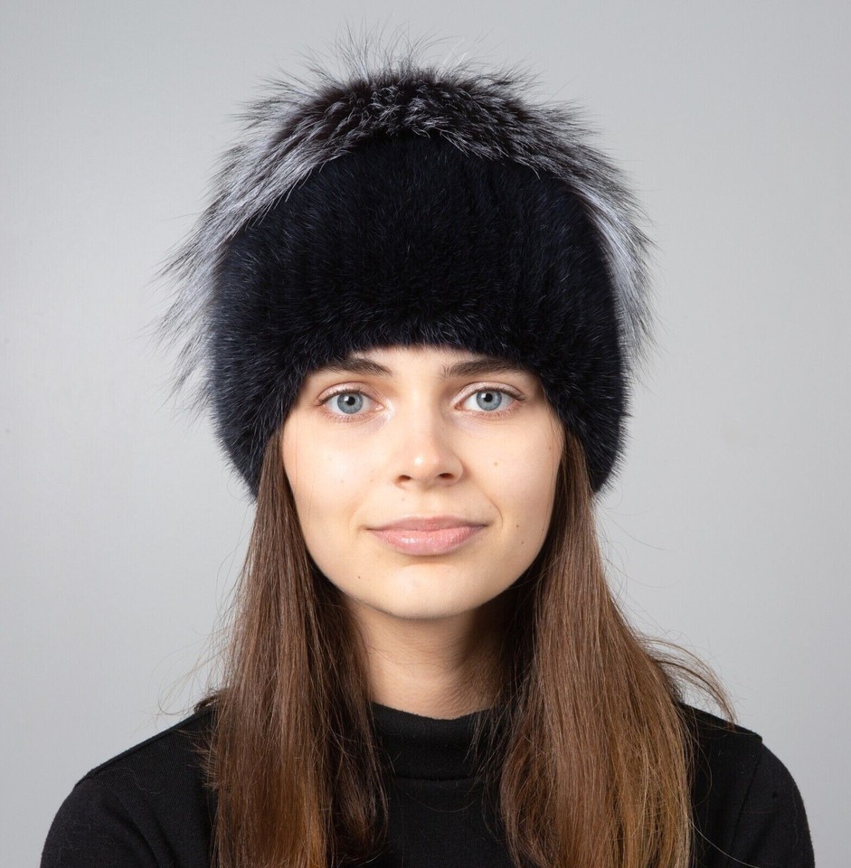 Womens Real Mink Fur Hat with Silver Fox Knit Winter Fur Hat Luxury ...