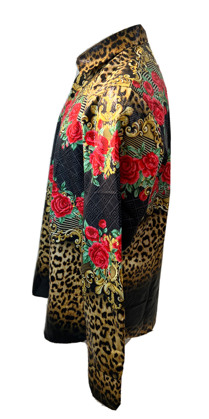 Button Down SHIRTS MEN BAROQUE LONG SLEEVE BLACK LEOPARD ROSES ...