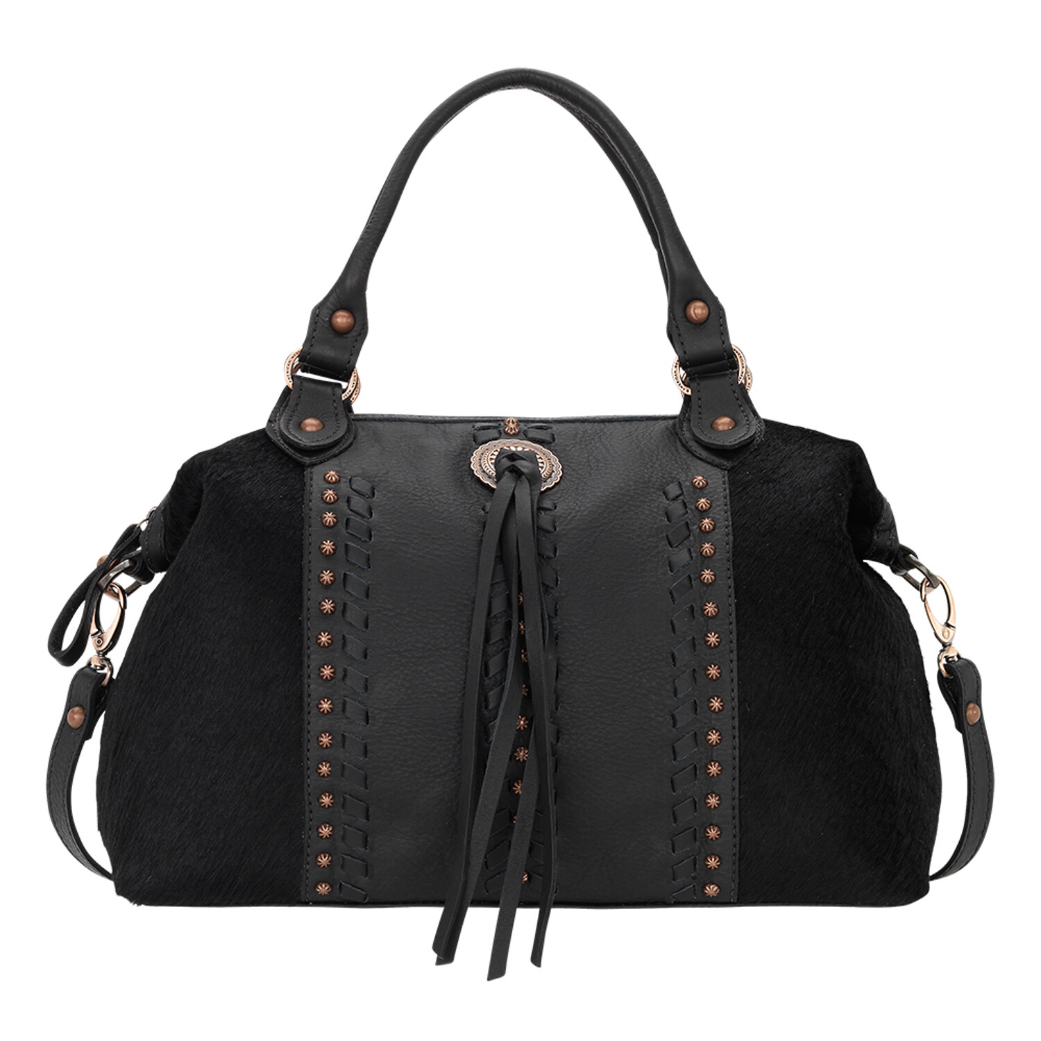 American West Cow Town Black Hair-On Leather Zip Satchel Bag | eBay