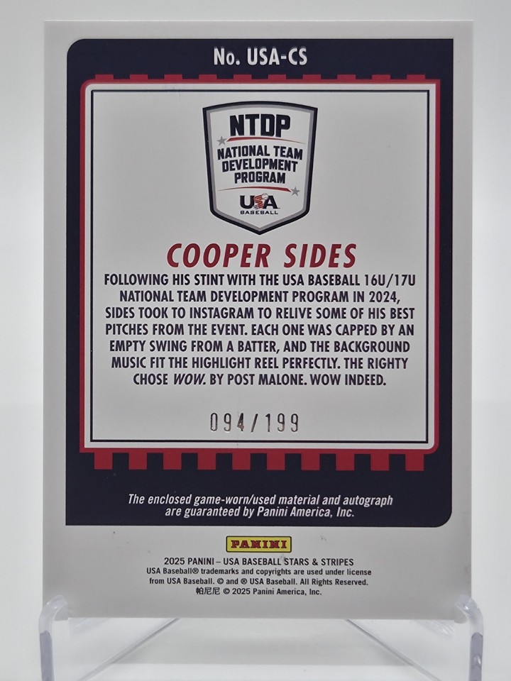 Cooper Sides 2025 Panini Stars & Stripes Baseball Silhouettes Jersey ...