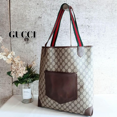 GUCCI Tote Bag Modello GG Sherry Canvas Pelle Greige Beige Marrone ...