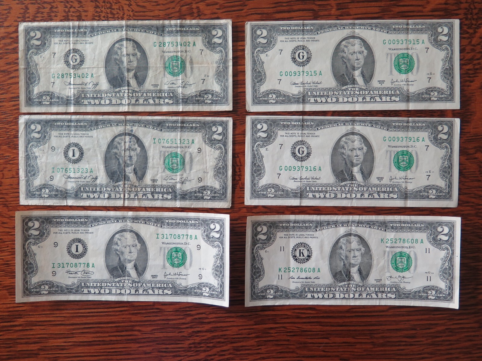 LOT of (6) $2 Dollar US Treasury Notes Green Seal (2 Sequential Serial ...