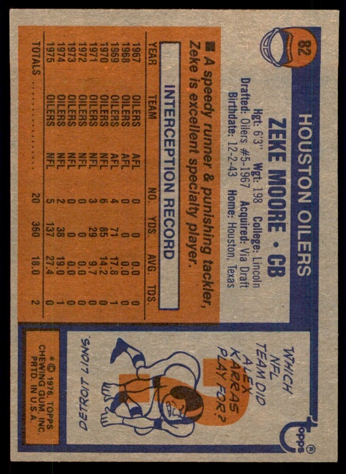 1976 Topps Zeke Moore Football Card Houston Oilers #82 | eBay
