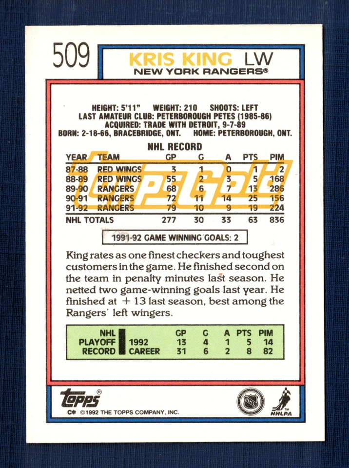 1992-93 Topps Gold Kris King #509 New York Rangers MINT | eBay