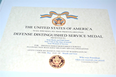 Defense Distinguished Service Medal Replacement Certificate-Not ...