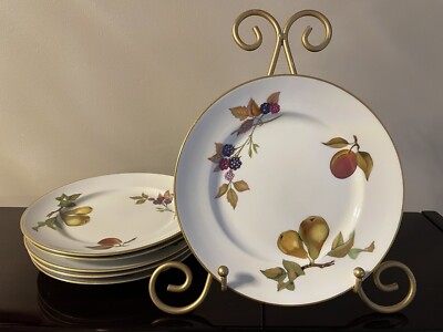 Set of 6 Royal Worcester EVESHAM Gold Rim Fruit Pears England 8" Salad ...