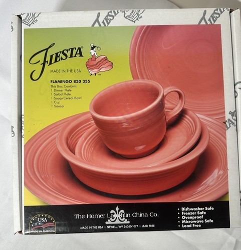 Fiestaware FLAMINGO 5 Pc Place Setting Dinner Salad Plate Soup Bowl Cup ...