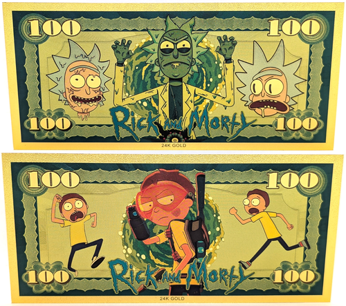Rick E Morty Rick Sanchez E Morty Smith $100 Banconote Placcate In Oro ...