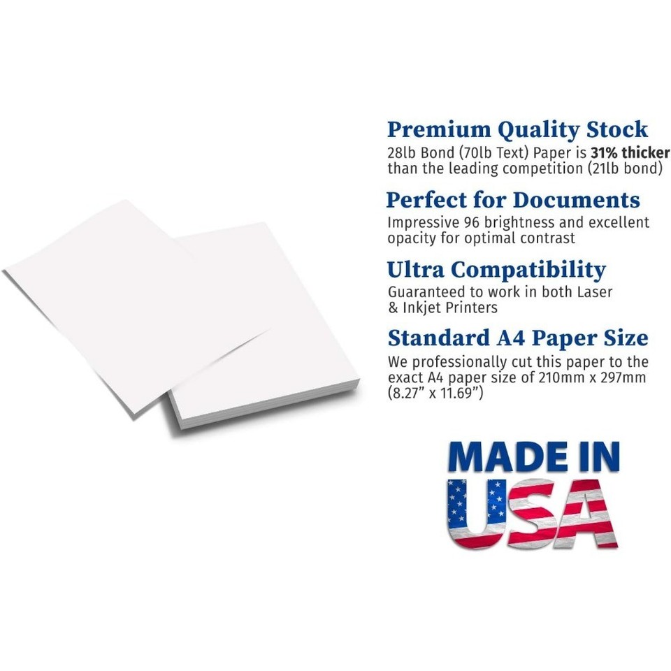 Premium A4 8.3x11.7 Inch 28lb Bond 70lb Text 105 gsm Bright White ...
