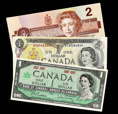 Canada Banknotes 1867-1967, 1973, 1986 Set of 3 $1 $2 Paper Money aUNC ...