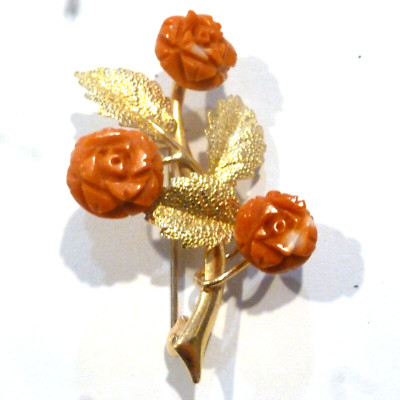 VINTAGE LADIES 18K YELLOW GOLD RED CORAL FLOWER BROOCH PIN EXCELLENT ...