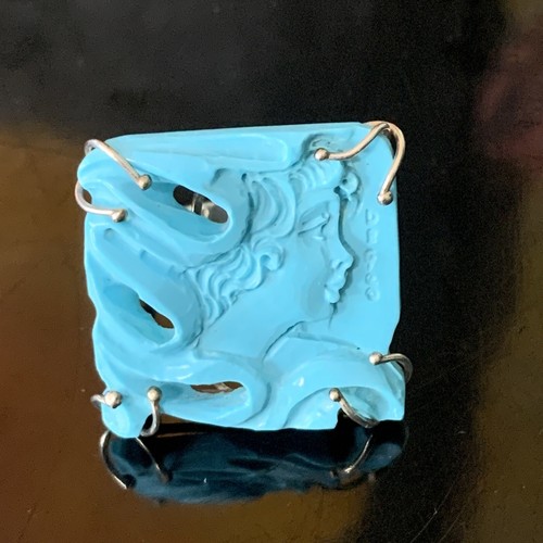Italy Carved Turquoise Cameo Ring Sterling Silver Signed Ladies Face ...