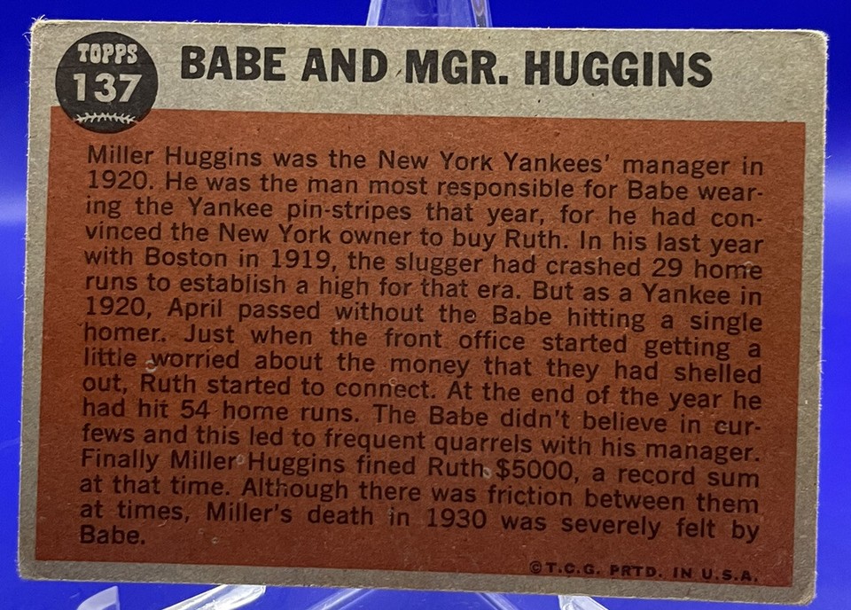 1962 Topps Babe Ruth Special “Babe and Mgr. Huggins” #137 Baseball HOFs ...