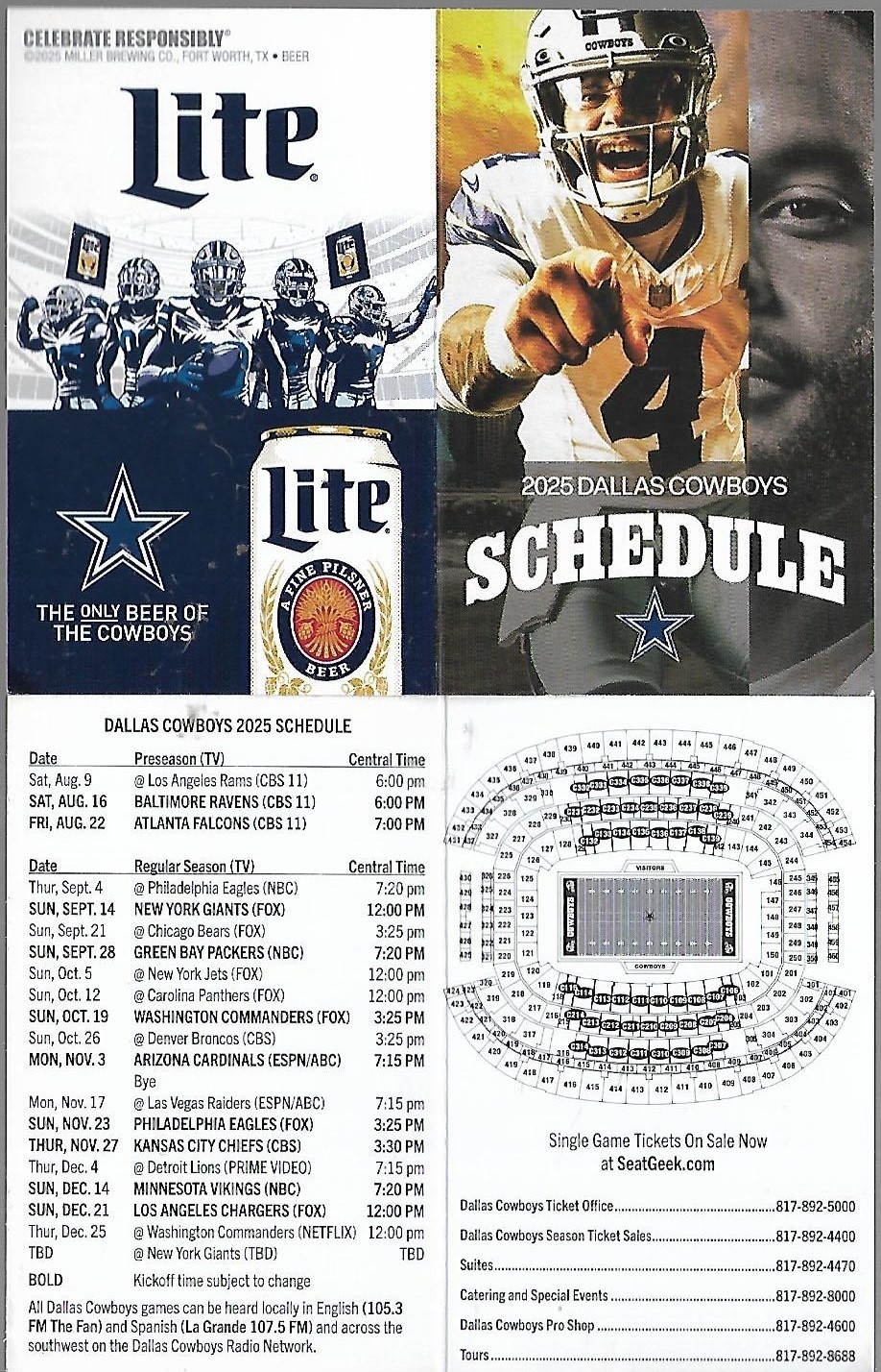 8-DALLAS COWBOYS-2025 NFL Pocket TV Schedules DAK PRESCOTT Stadium ...