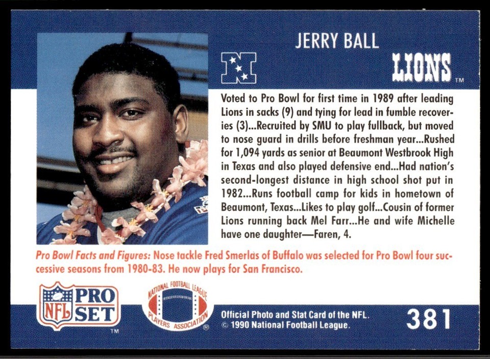1990 Pro Set Jerry Ball Detroit Lions #381 | eBay