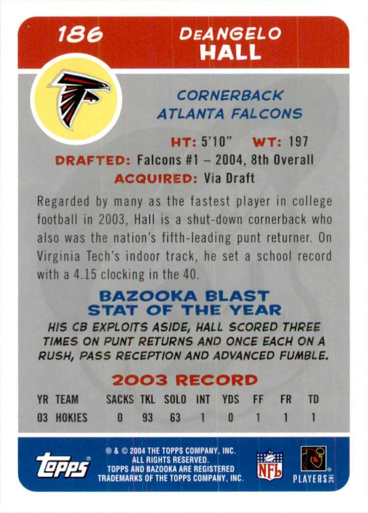 2004 Topps Bazooka DeAngelo Hall Rookie Atlanta Falcons #186 NFL ...