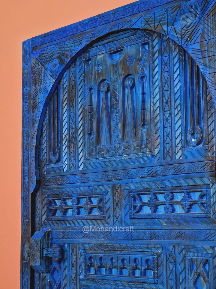 Hand-Carved Wooden Door 84"x37" BERBER MOROCCAN DOOR, Antique Blue Wood ...