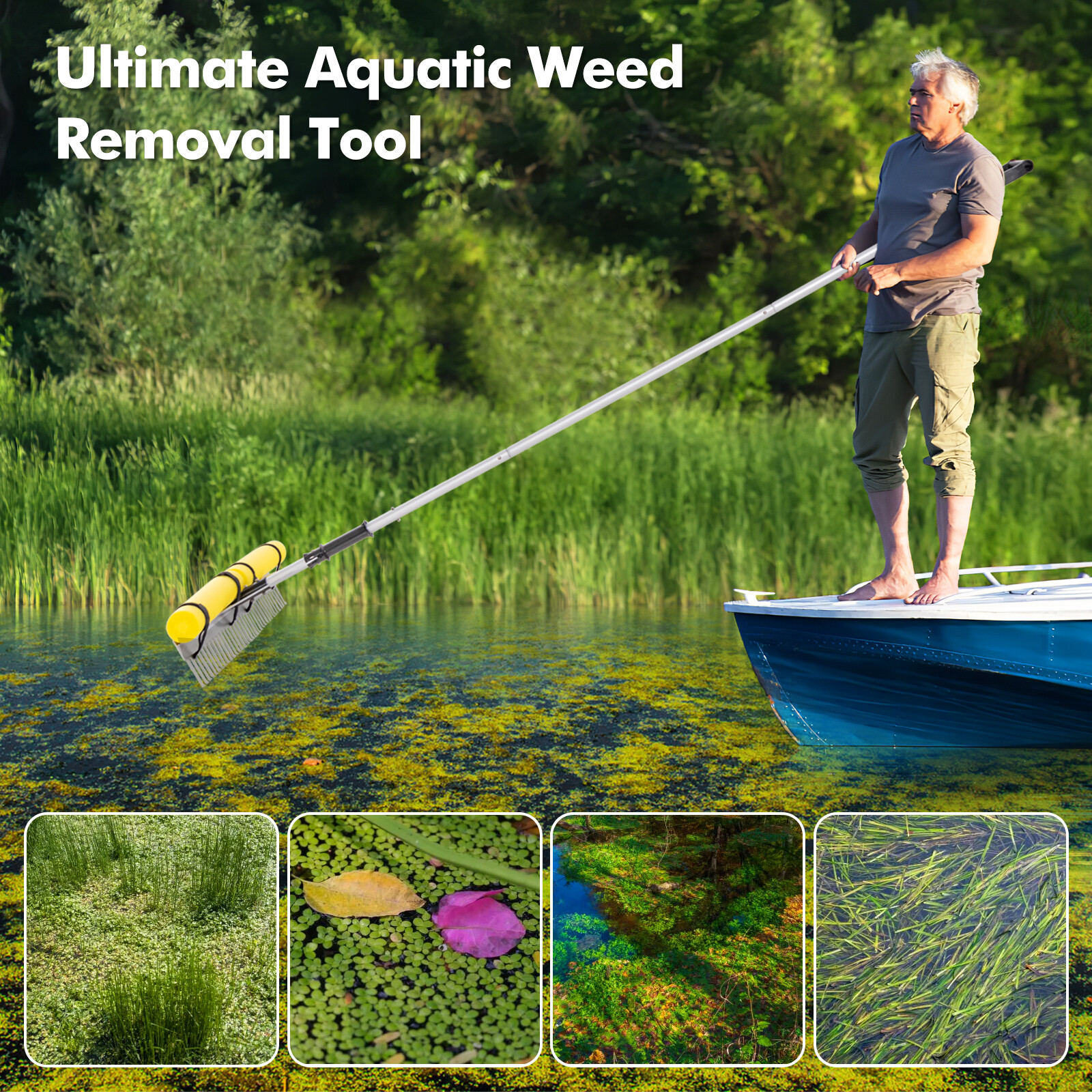 Floating Weed Lake Rake Pond Weed Cutter w/ Foam Floats, Extended ...