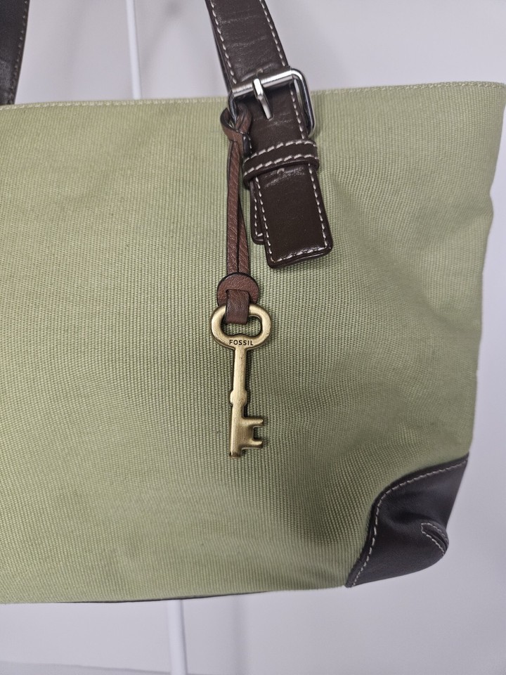 FOSSIL GREEN CANVAS BAG WITH BROWN LEATHER TRIM AND BROWN LINING | eBay