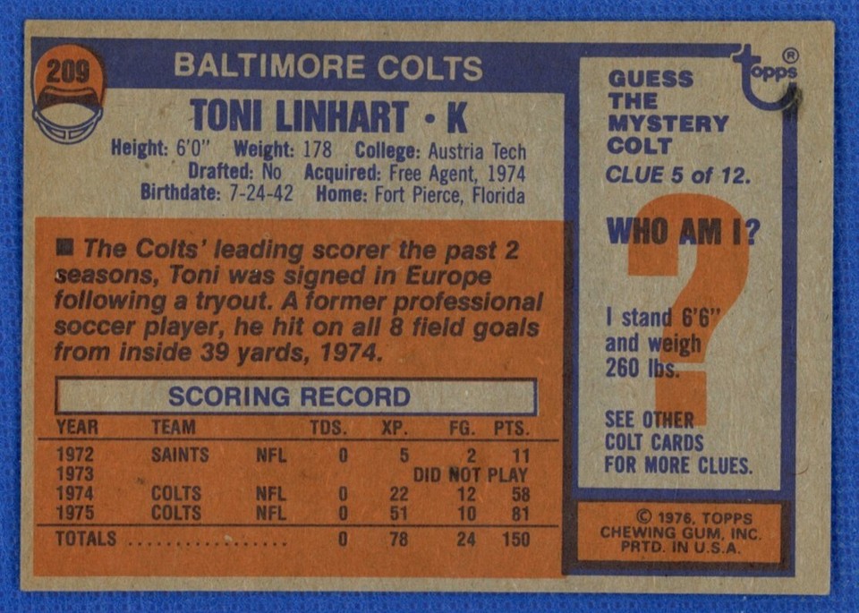 1976 Topps # 209 Toni Linhart Baltimore Colts | eBay