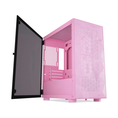 mATX Gaming PC Case - Pink Mesh Computer Case with Tempered Glass Panel ...
