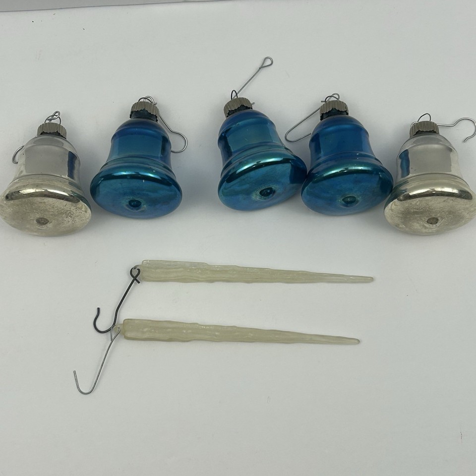 VTG Shiny Brite Ornaments 5 Bells 2 Icebergs Blue Silver Made in USA ...