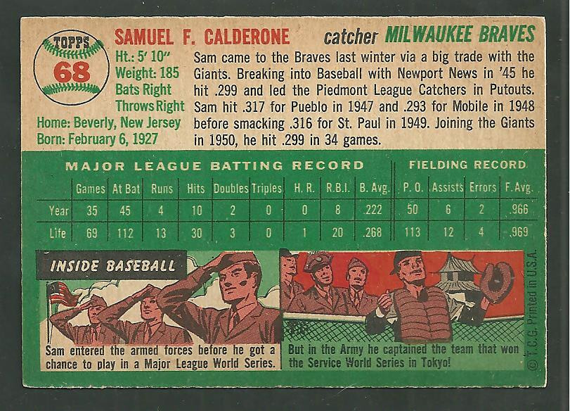 1954 Topps #68 Sammy Calderone Vintage Baseball Card Milwaukee Braves ...