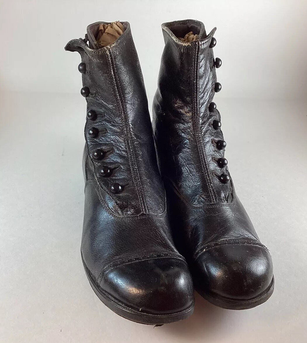 Antique Victorian Girls Leather Button Up Shoes - Gem