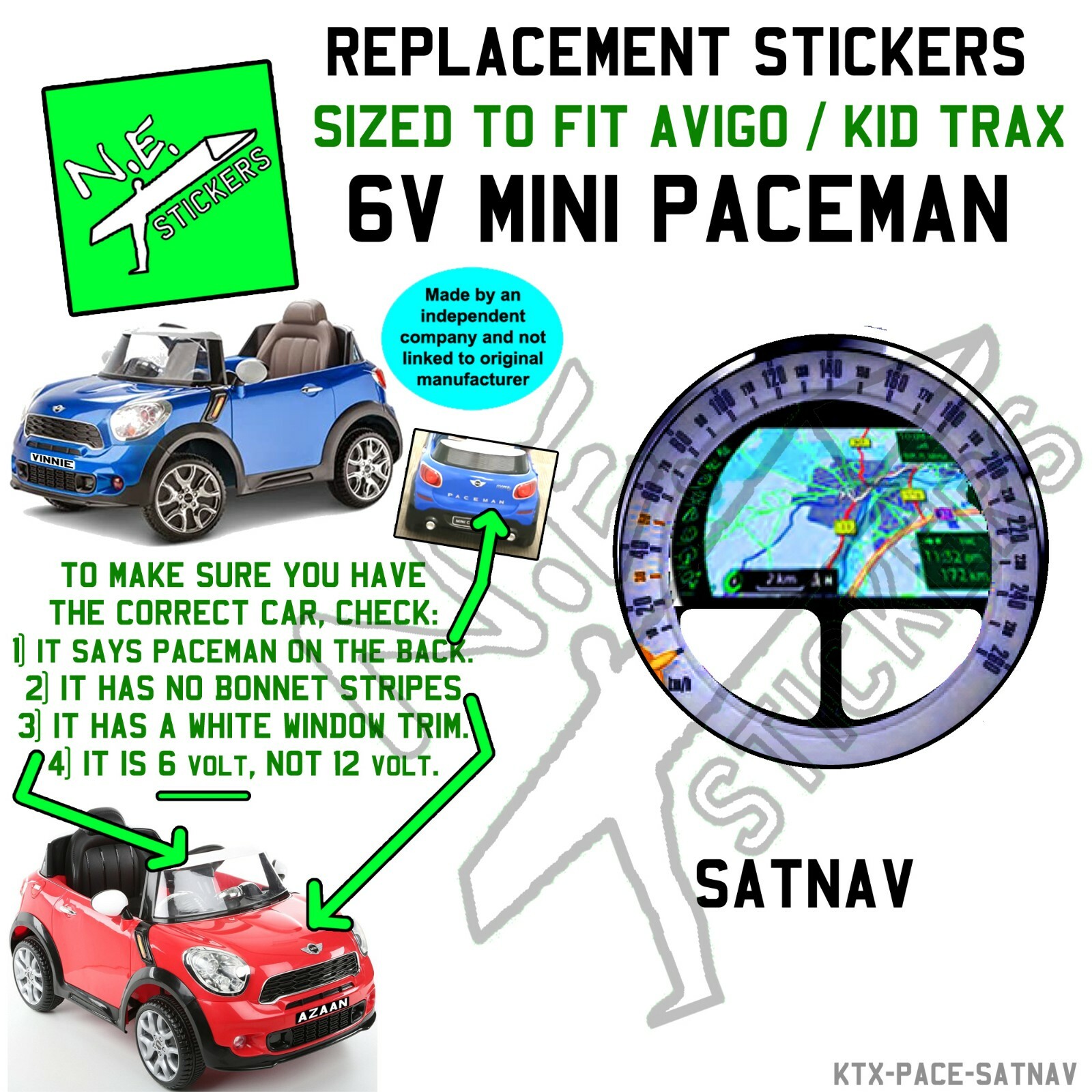 Replacement stickers TO FIT kids 6V MINI Cooper S PACEMAN electric toy ...