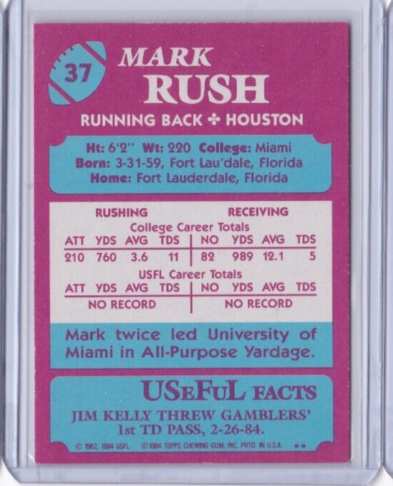 1984 Topps USFL #37 MARK RUSH HOUSTON GAMBLERS NRMT | eBay