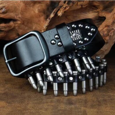 Real Leather Waist Belt Heavy Metal Bullet Rivet Studded Unisex Punk ...