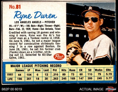 1962 Post Cereal #81 Ryne Duren Angels SHORT-PRINT 4 - VG/EX | eBay